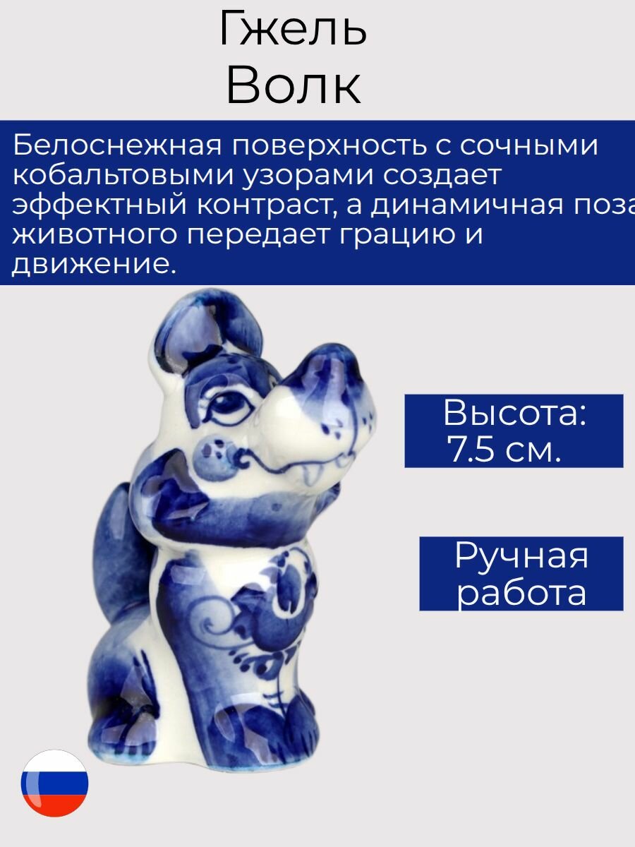 Гжель фигурка Волк фарфор , бело-синий, 7.5 см