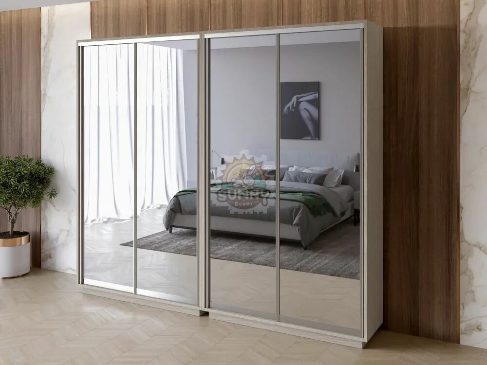 Шкаф купе Вилли 4-х дверный ЛДСП (2+2), зеркальные двери, профиль серебро 360 см х 240 см х 60 см (Ясень Шимо светлый)