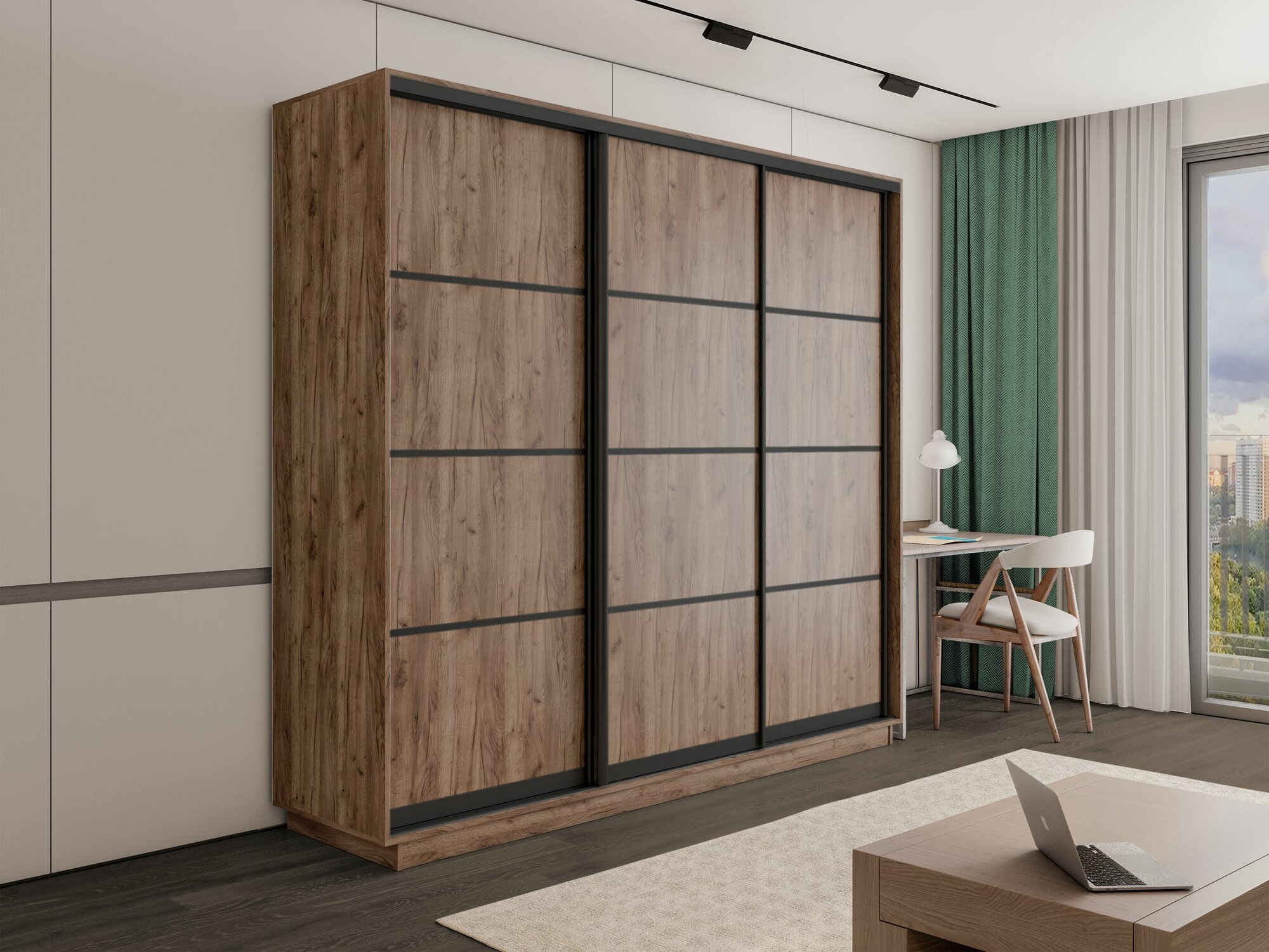 Шкаф-купе Вилли С4 3-х дверный, ЛДСП, (черный профиль) 180х45х240 см. Крафт табачный