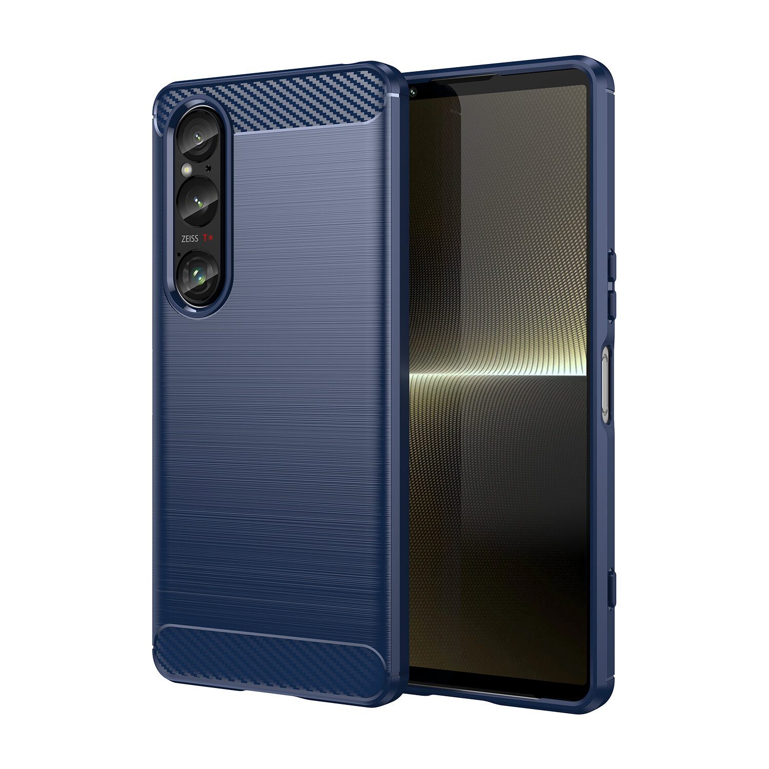 Чехол синего цвета на Sony Xperia 1 VI (1-6), мягкий отклик кнопок, серия Carbon (с дизайном под карбон) от Caseport