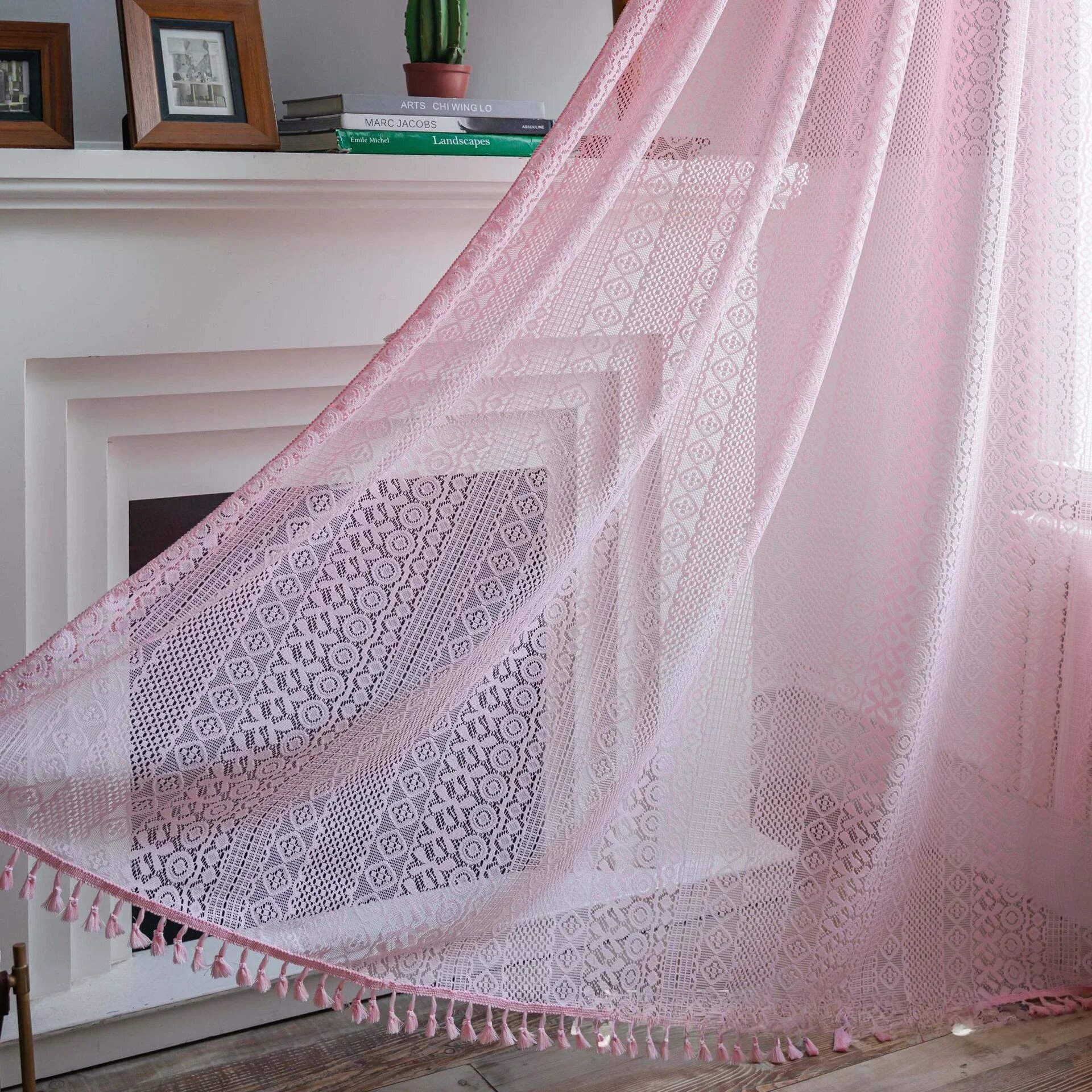 Льняные джутовые шторы с кисточками Розовый, W150cm x H260cm 1pc, Розовый
