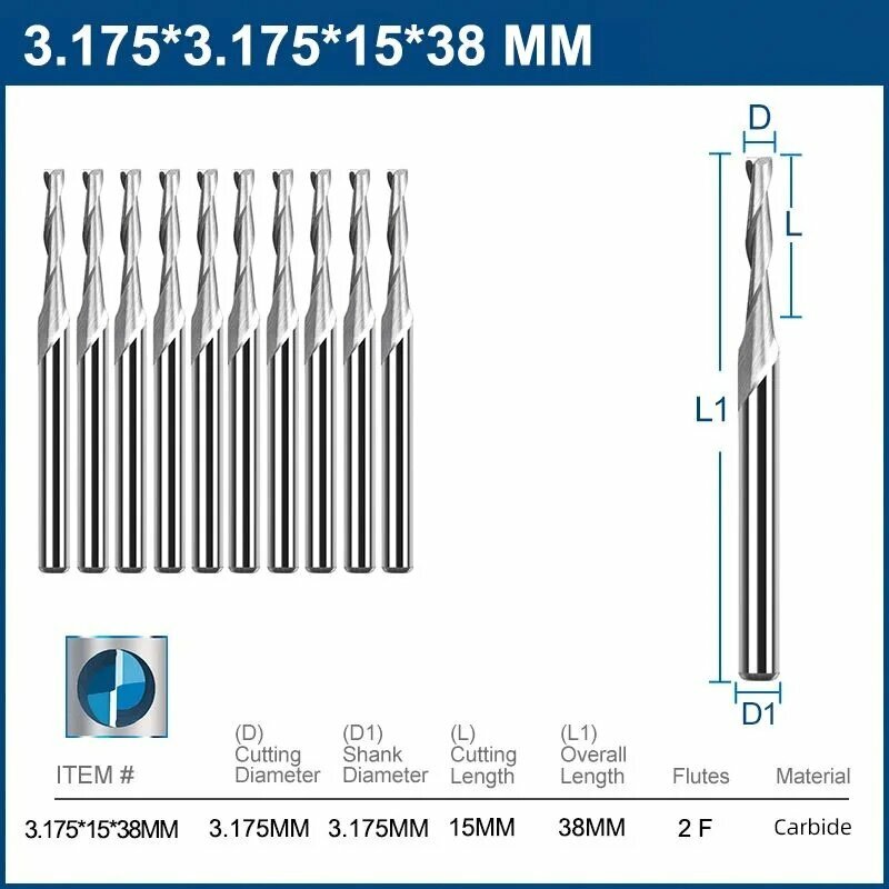 Набор Фреза двухзаходная cпиральная, хвостовик 3,175мм, 3,175х15 мм, 10шт
