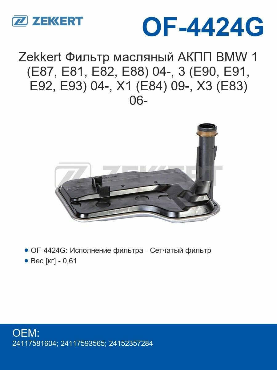 Zekkert Фильтр масляный АКПП BMW 1 (E87, E81, E82, E88) 04-, 3 (E90, E91, E92, E93) 04-, X1 (E84) 09-, X3 (E83) 06-
