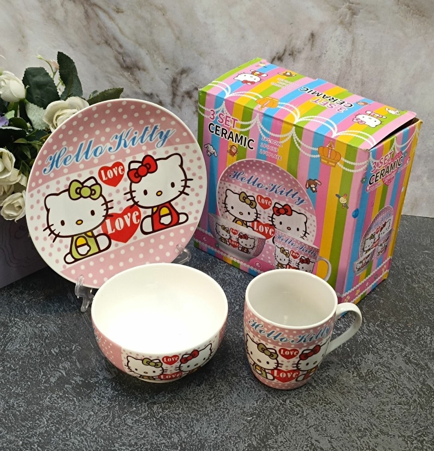 Детская посуда для праздника (блюдце, кружка, тарелка) набор детский Hello Kitty