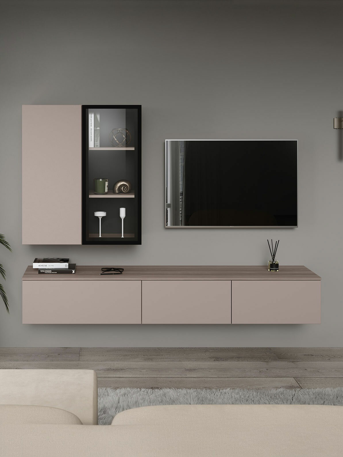 Гостиная комплект Роквуд, тумба под телевизор, навесной шкаф-витрина, навесной шкаф, 268.9х37,2х212 см, Эмили Блаш /Крем