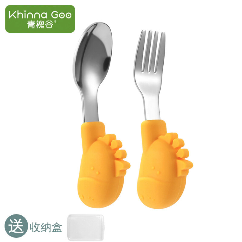 Вилка и ложка из нержавеющей стали Qinghuai Valley для обучения еде, короткая ручка, детская посуда, тренировочная вилка и ложка для детского питания