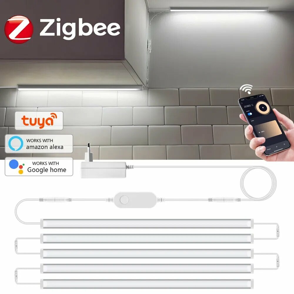 5X50CM Tuya Zigbee Комплект светодиодных светильников для шкафов Алюминиевая трубка WiFi с регулируемой яркостью для украшения кухонной полки в шкафу