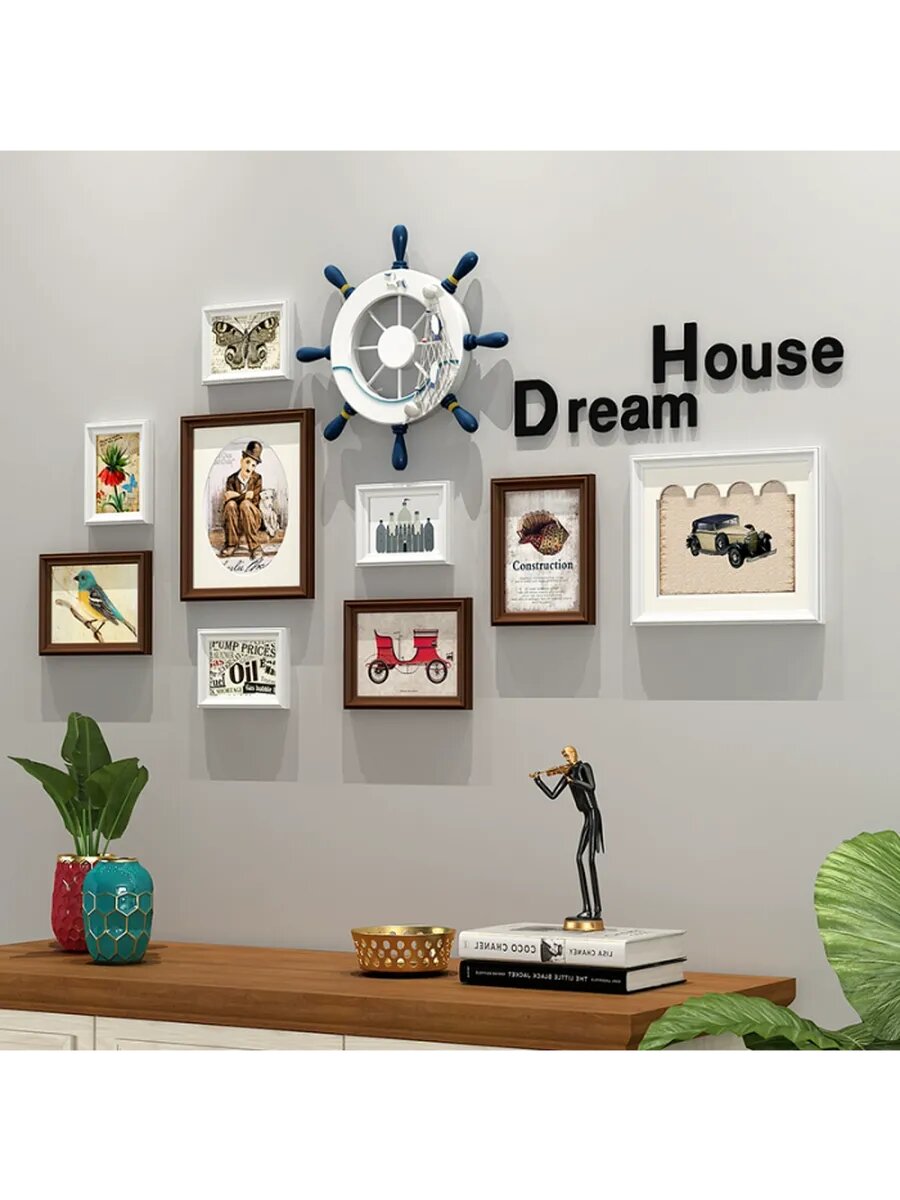 Фоторамка-коллаж 9 шт, шоколад-белый, с иллюстрацией