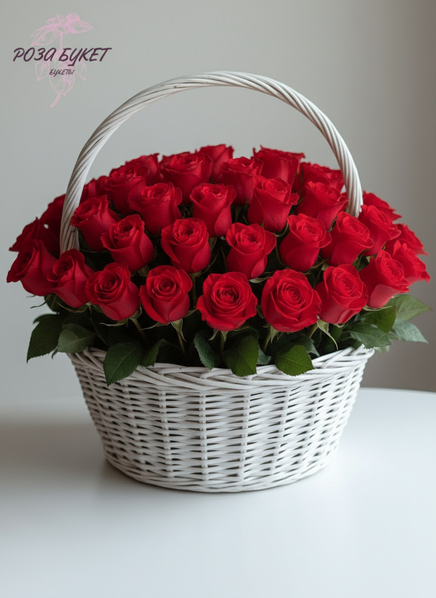 Букет цветов, букет из красных роз 51 шт в плетеной белой корзине, премиум цветы, долгий букет, букет в корзине