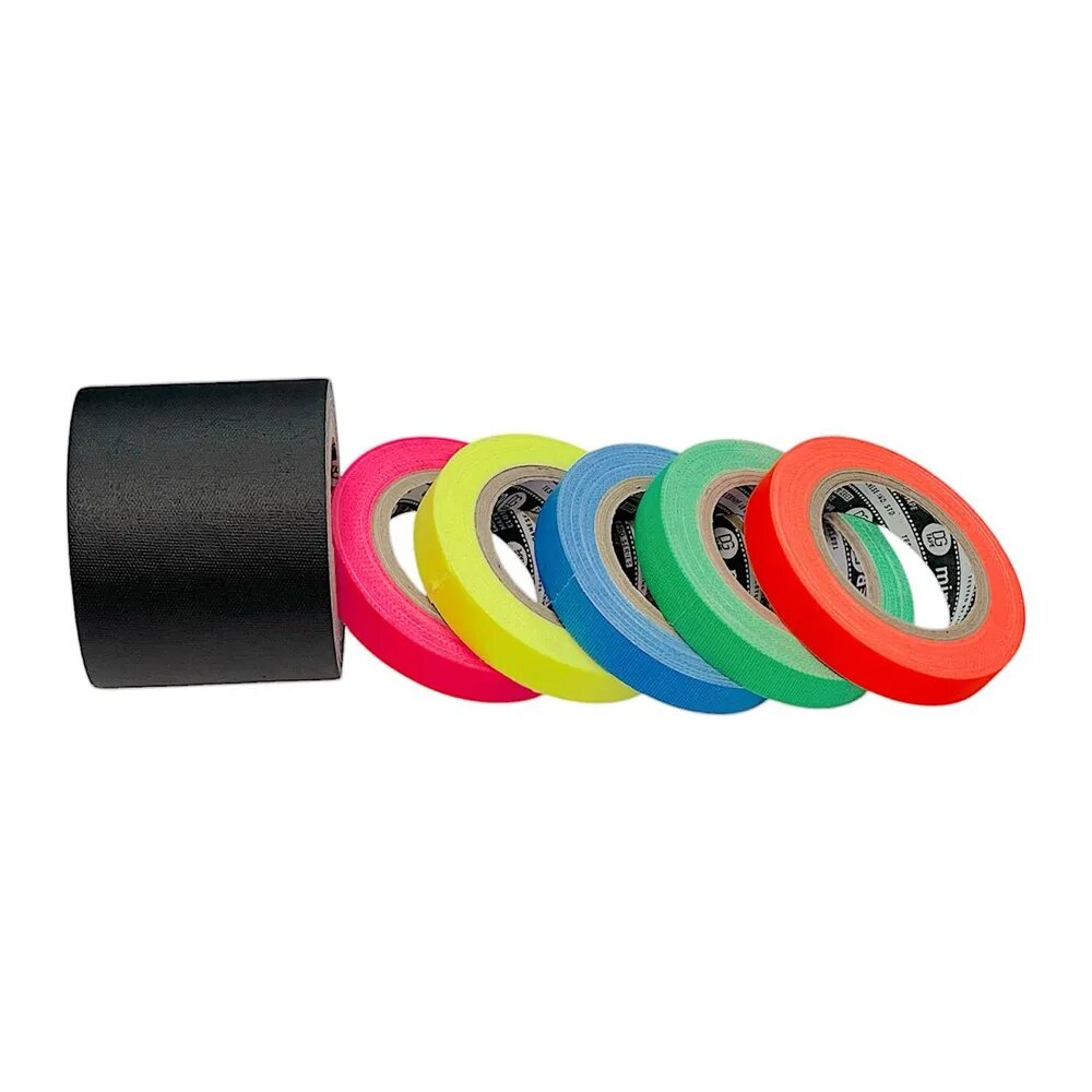 Микро гаффер тейп DGTAPE TrueGAFF набор 5 шт. 10мм х 6м флуоресцентных и 1 шт. черный 50мм х 6м
