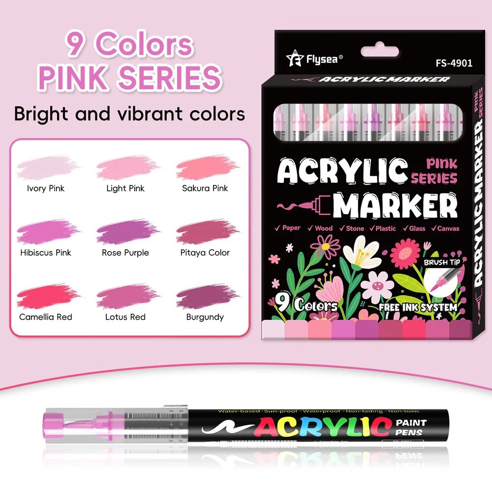 Flysea Набор маркеров Акриловый, толщина: 1 мм, 9 шт. для граффити, для скетчинга