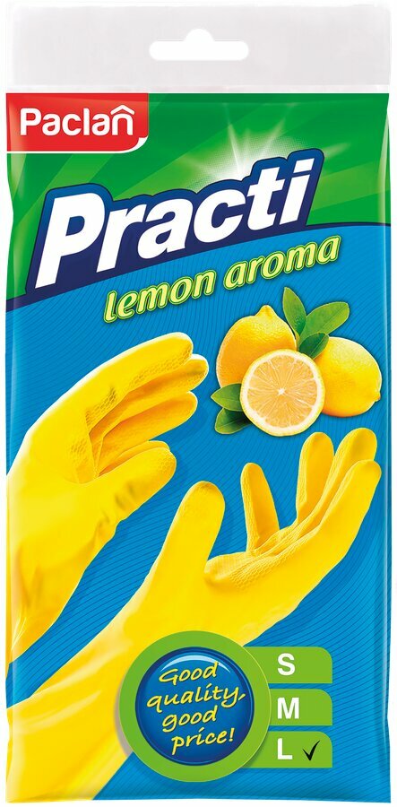 Перчатки хозяйственные PACLAN Practi, с ароматом лимона, размер L, резиновые, желтые, 1пара, (3 шт)