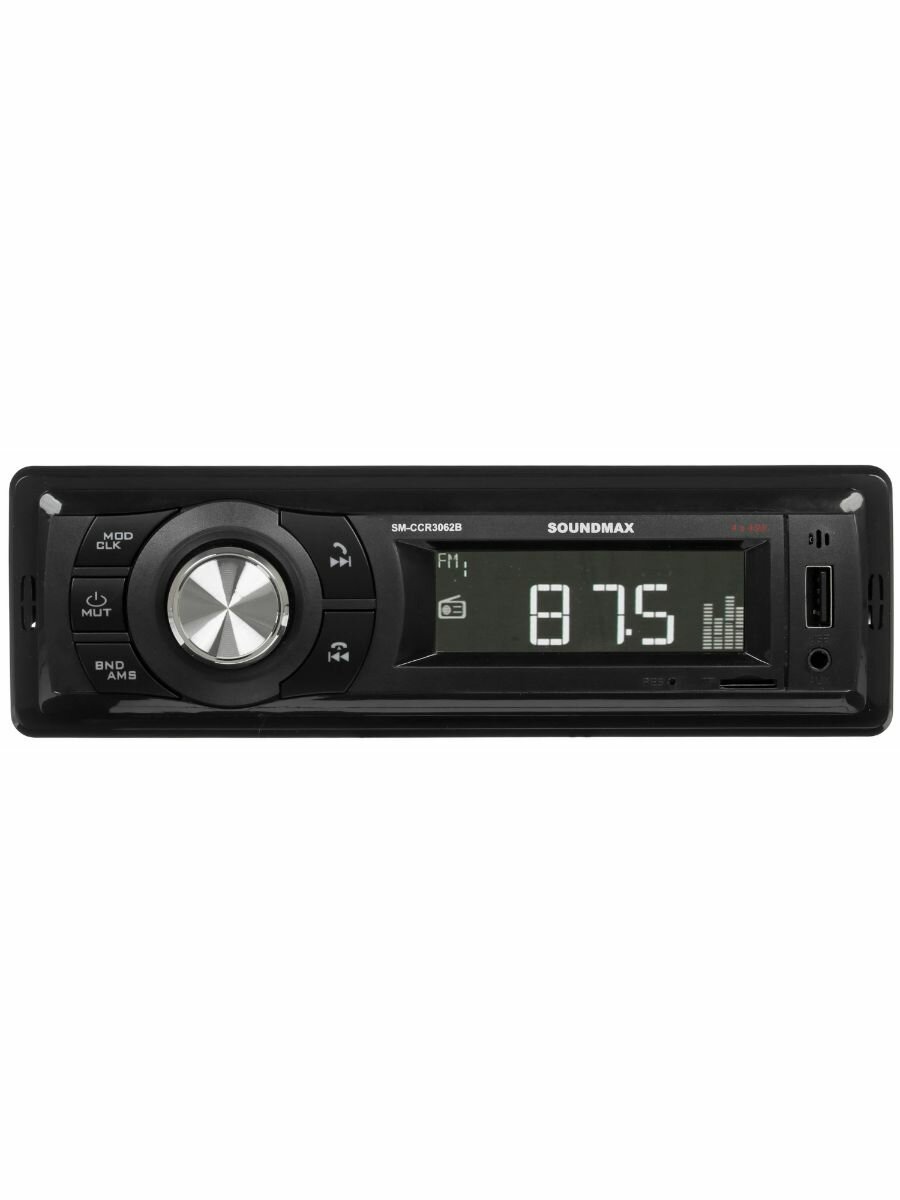 Автомагнитола с bluetooth Soundmax SM-CCR3062B, 1-DIN, Мощность 45Вт, Монохромный ЖК, 18 радиостанций, Эквалайзер, Подсветка, Черный