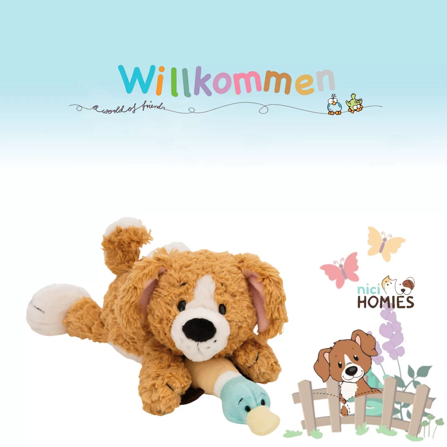 Немецкая коллекционная игрушка NICI Homies, лежащий коричневый пес с уточкой, плюшевая фигурка, 30 см, оригинальный