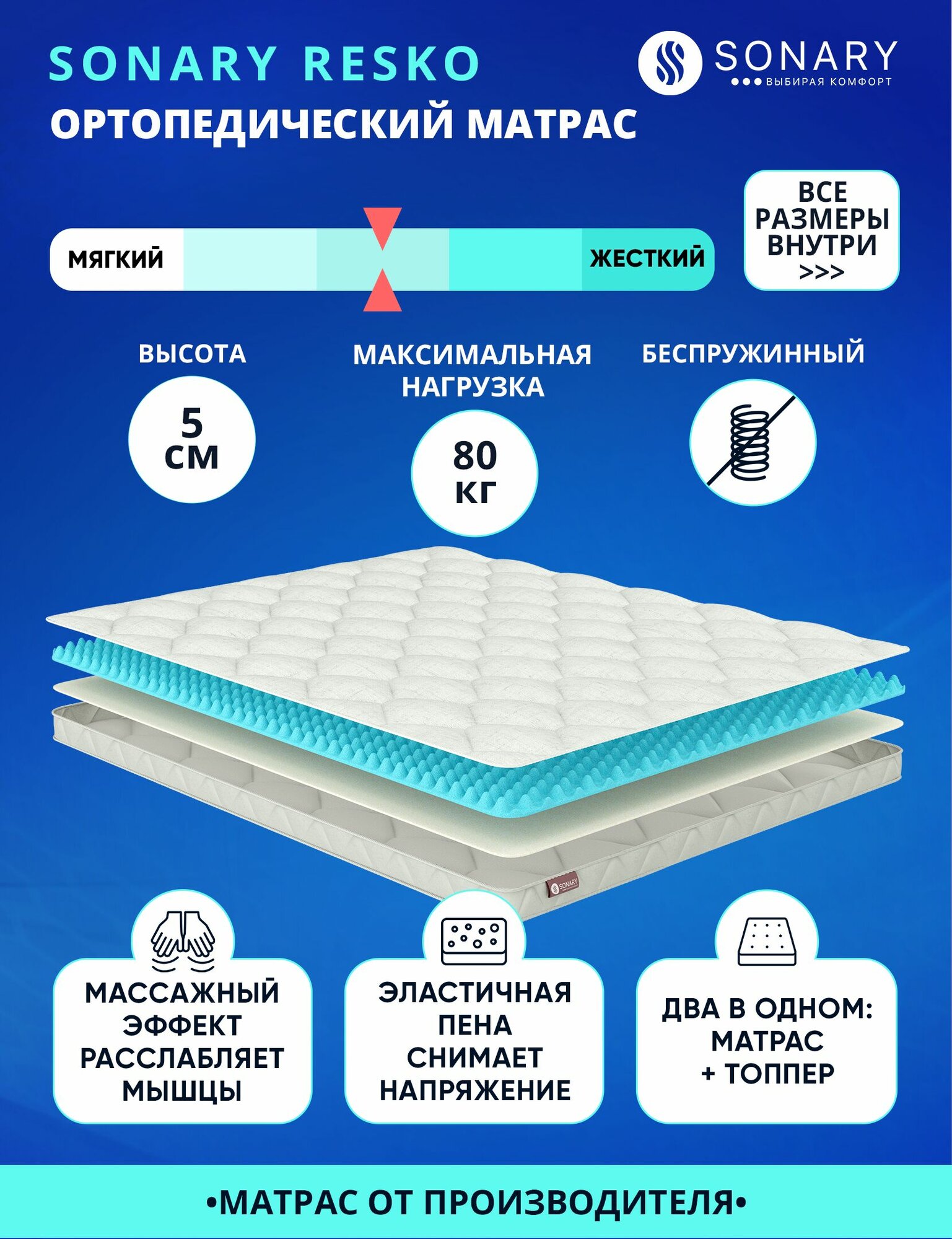 Матрас Sonary Resko 70х180 серии Foam высота 5 см анатомический средней жесткости Беспружинный