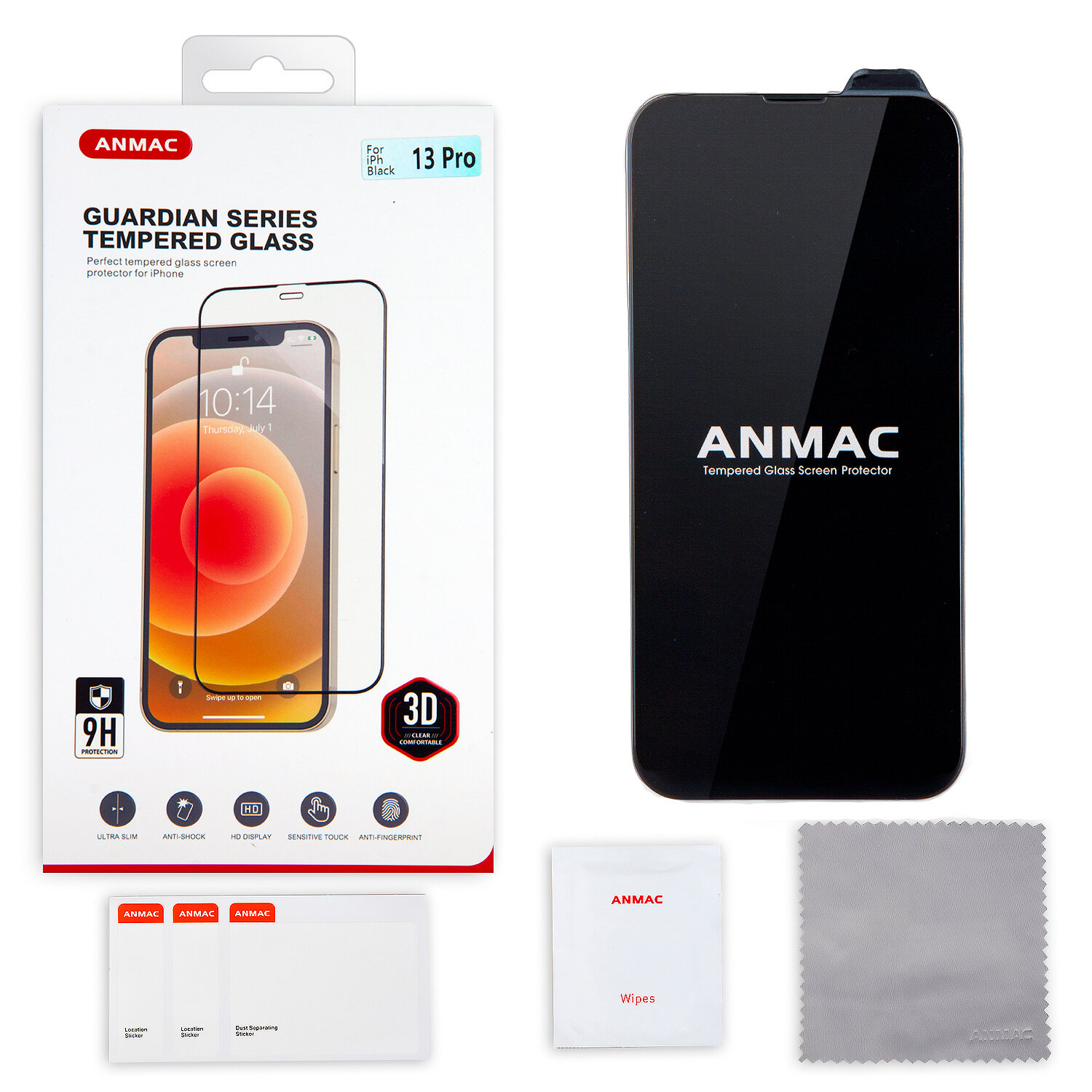 Защитное стекло iPh 13/13 Pro/14/16e 3D ANMAC черный Арт.1137302