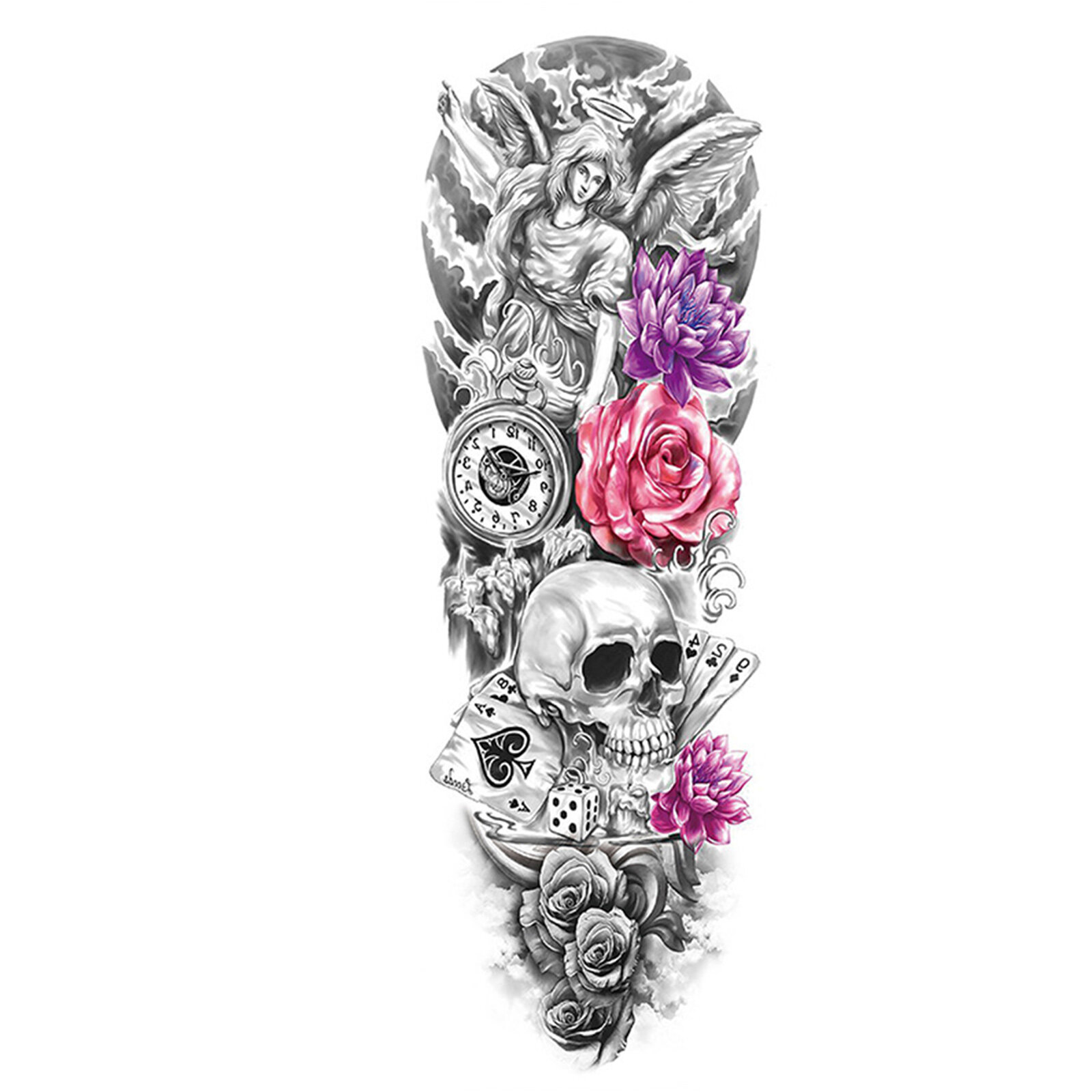 1 Лист Временных Татуировок НаПолныйРуку Клейкая Нашивка Большая Рукавная Татуировка Водонепроницаемая Клейкая Татуировка Большой Виноград Пiony Цвет Роза Для Мужчин И Женщин Размер 17*4.8см Вес 20г