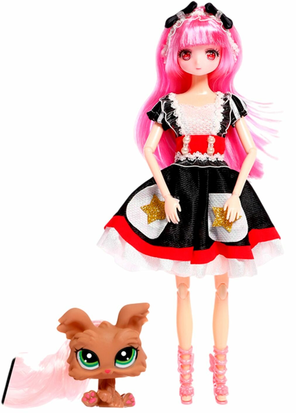 Детская модельная кукла-аниме "Пушистая магия" с питомцем, шарнирная с подвижными руками, пластиковая куколка в платье для девочки, длинные розовые волосы для причёсок, высота 30 см