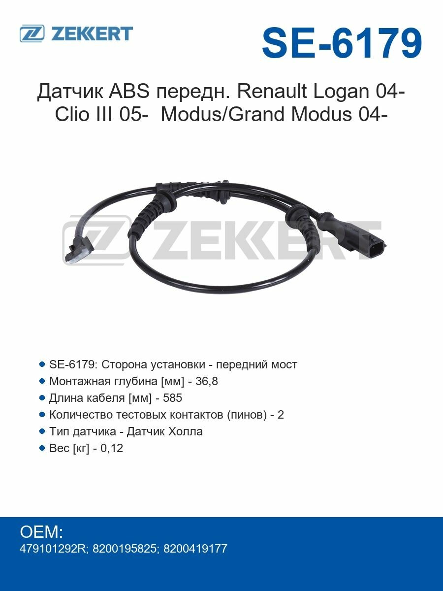 Zekkert Датчик ABS передний Renault Logan с 2004 года Clio III с 2005 года Modus/Grand Modus с 2004 года