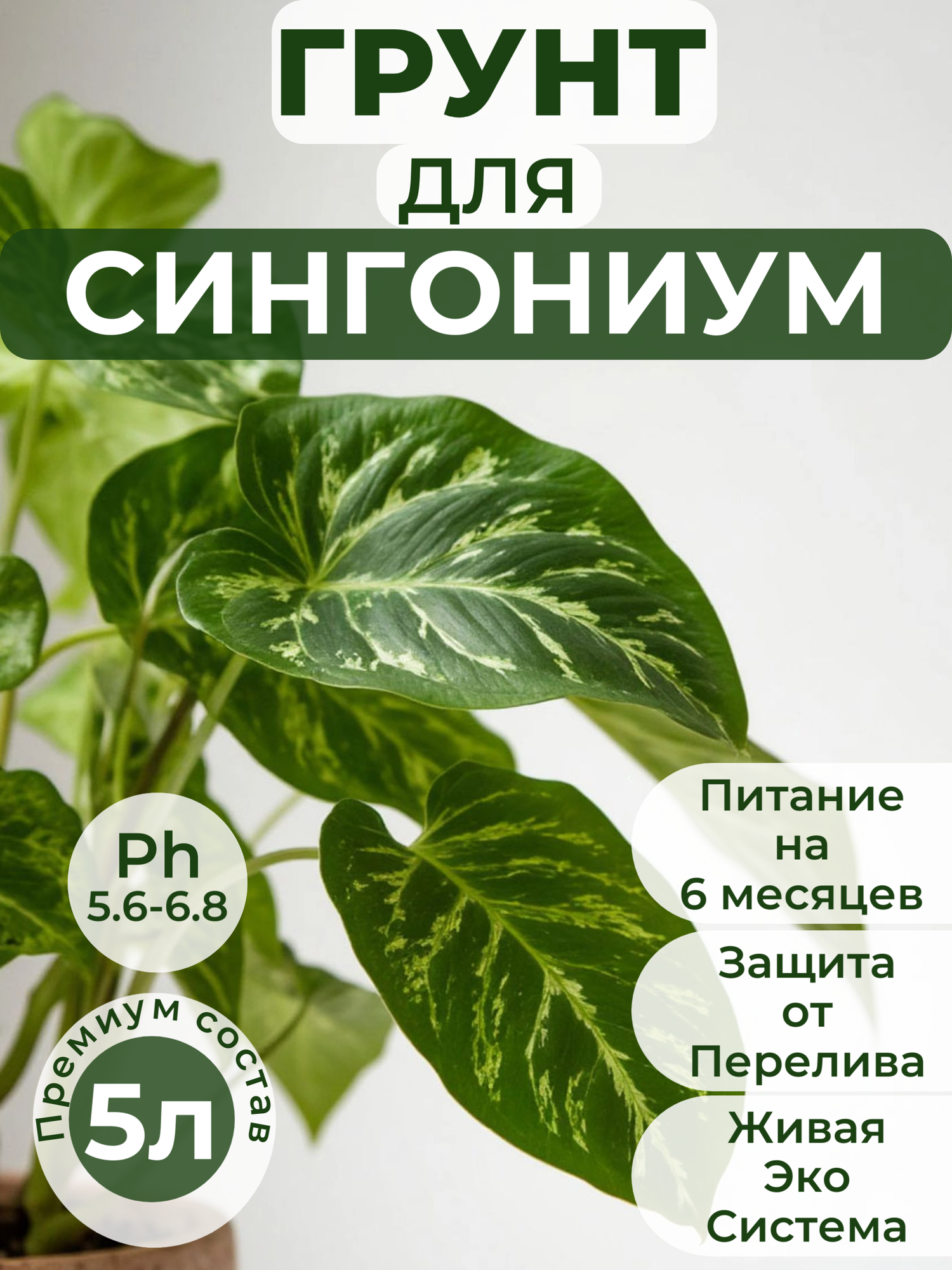 Премиум Грунт для Сингониум, торфяной, 5 л, универсальный, для комнатных растений