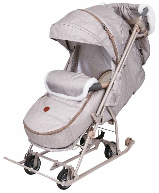 Детские зимние санки-коляска "Наши детки 6" складные с перекидной ручкой, выдвижными колёсами, муфтой, сумкой и чехлом для ног, цвет бежевый