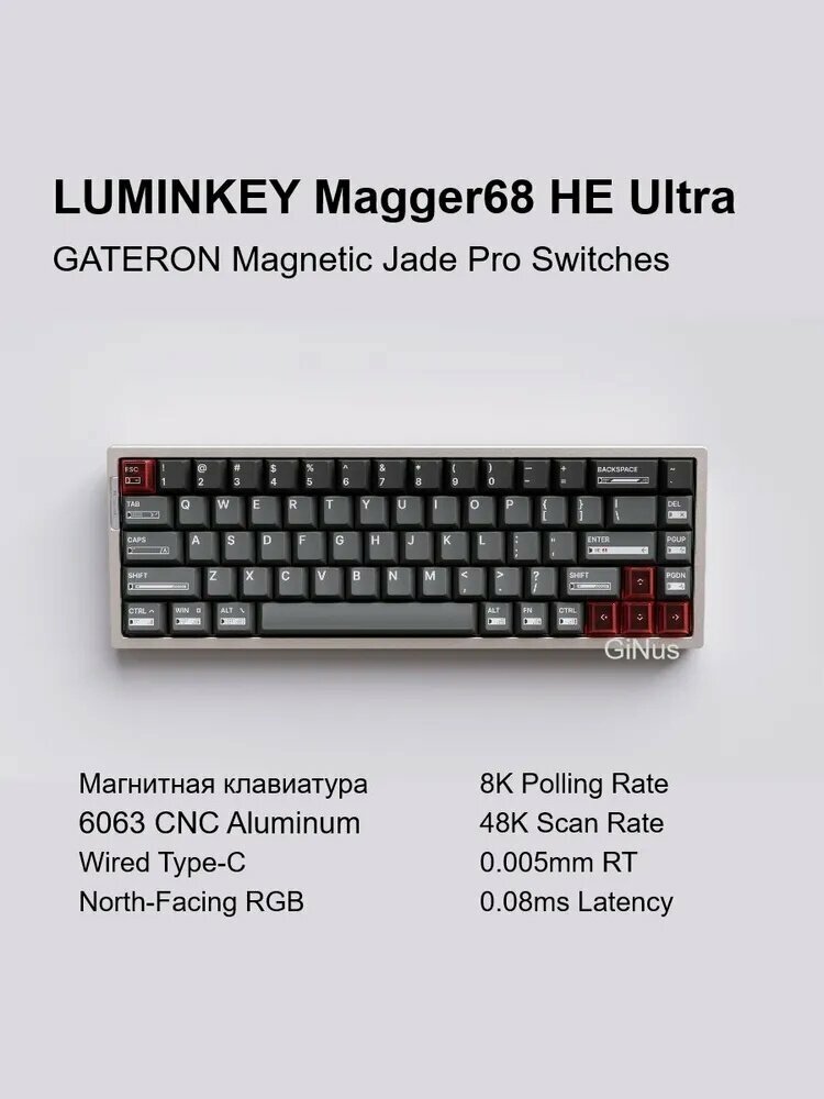 LUMINKEY Игровая клавиатура проводная Magger 68 HE Ultra, GATERON Magnetic Jade Pro Switches, магнитная клавиатура, Английская раскладка, золотой, голубой
