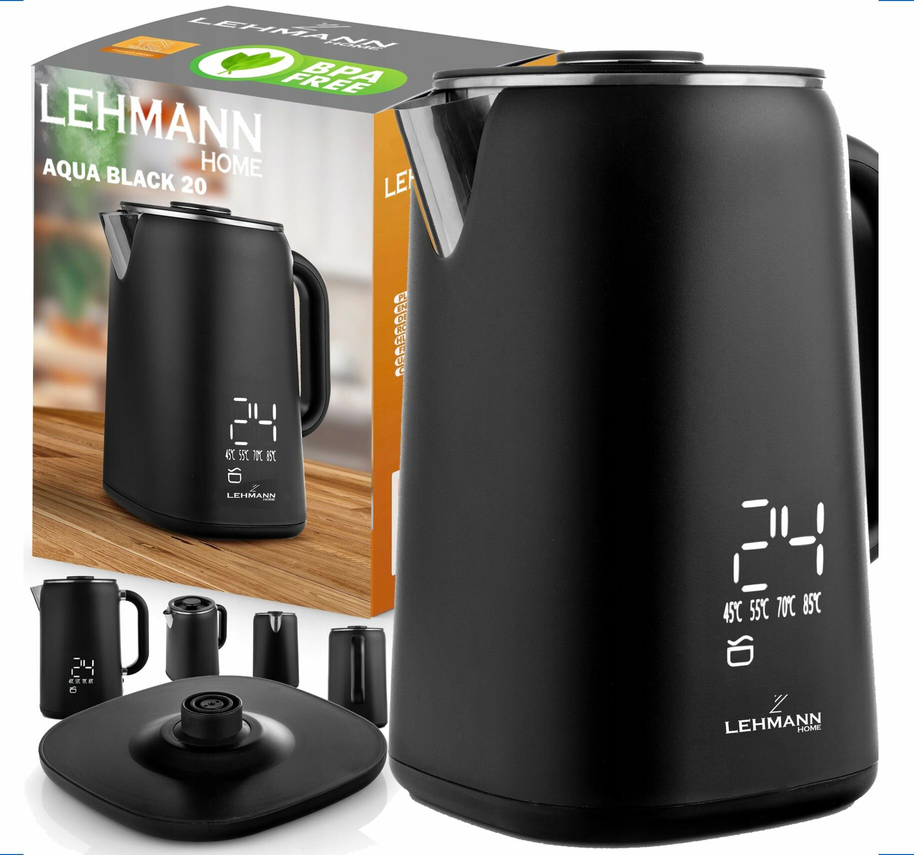 Беспроводной электрический чайник Lehmann Aqua Black 20, сенсорное управление, светодиодный дисплей, объем 1,7 л