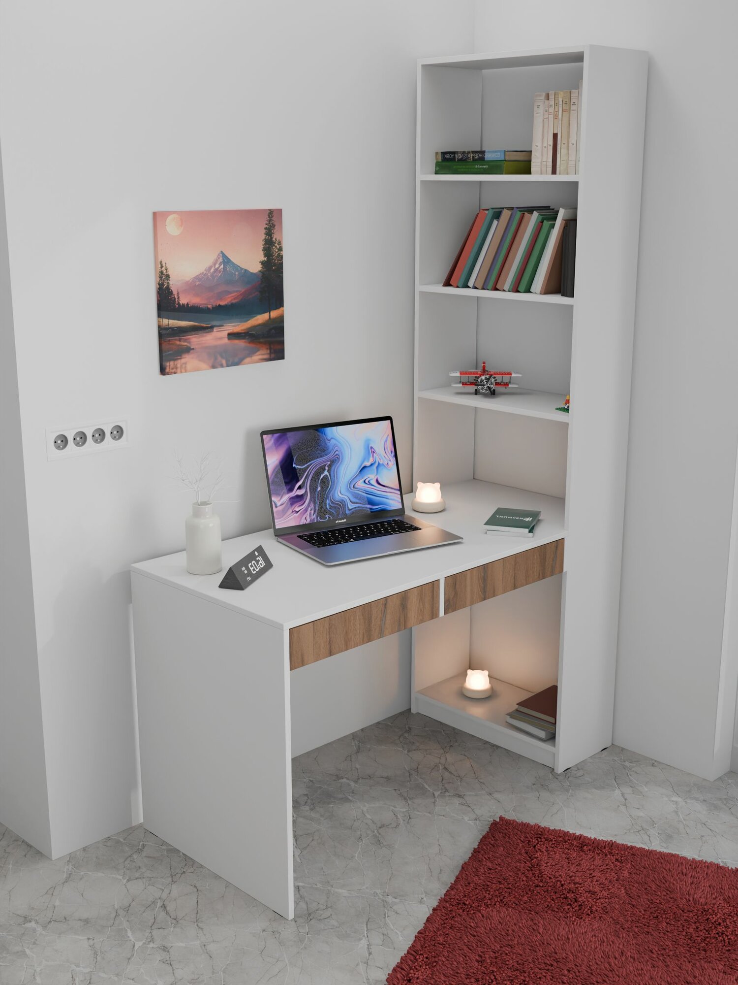 Изумлит Стол-стеллаж письменный угловой, стеллаж справа 200х130х59.2 см, белый - дуб крафт табачный