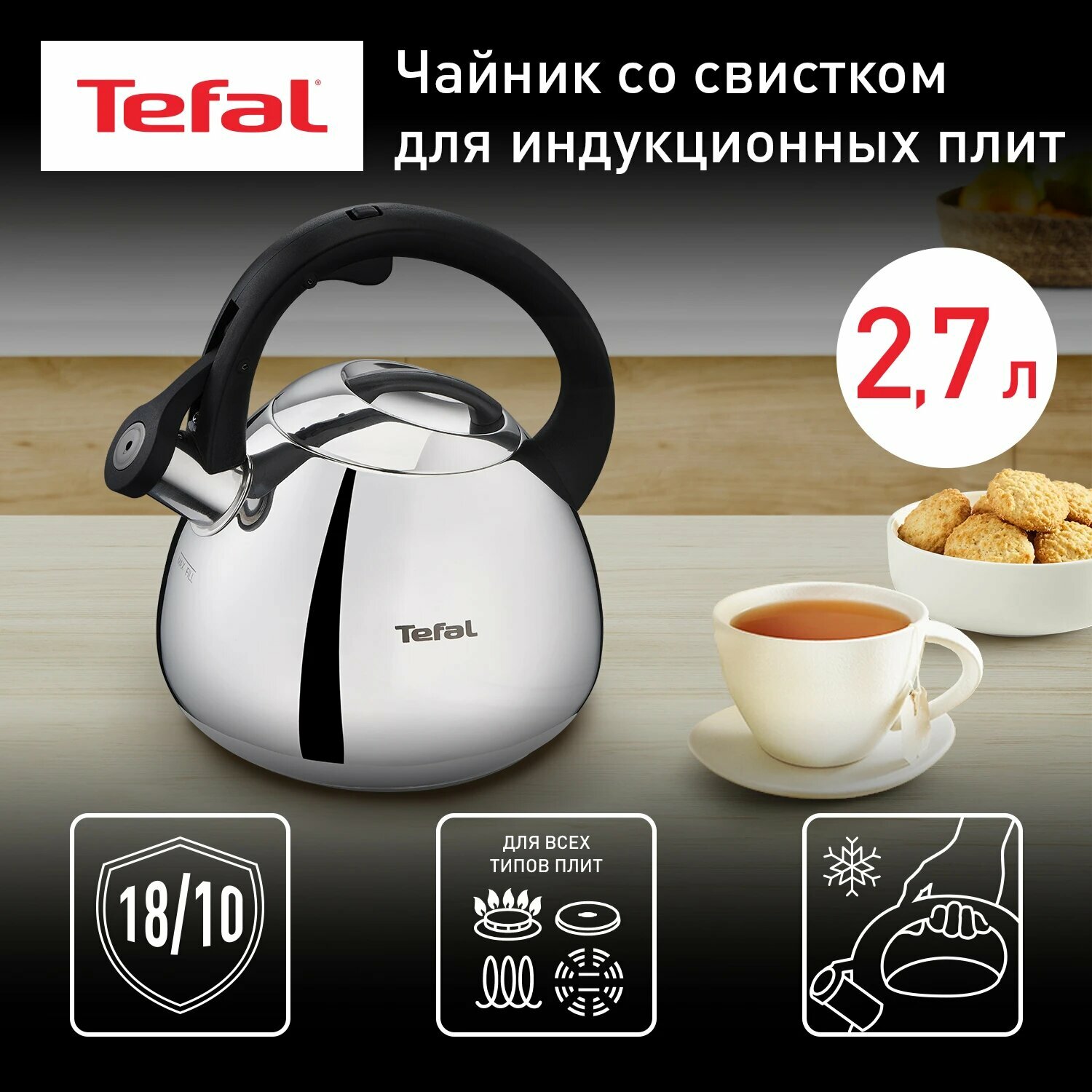 Чайник Tefal Duetto N4180110, для плиты, серебристый, стильный дизайн