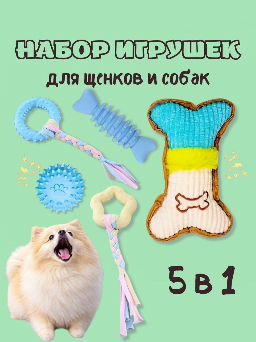Набор игрушек для щенков и собак мелких пород, голубой, 5в1