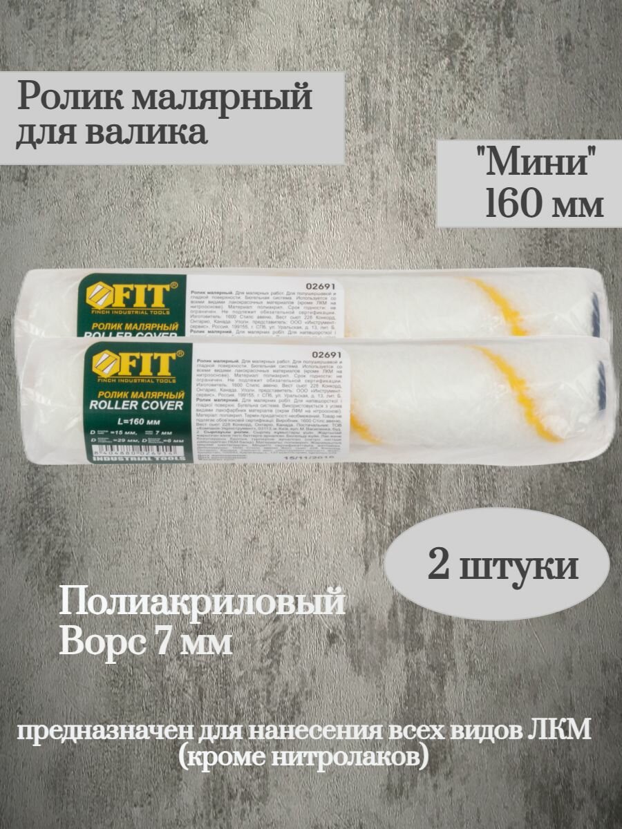 FIT Ролик полиакриловый сменный "Мини", диаметр 15/29 мм, ворс 7 мм, 160 мм, 2 штуки