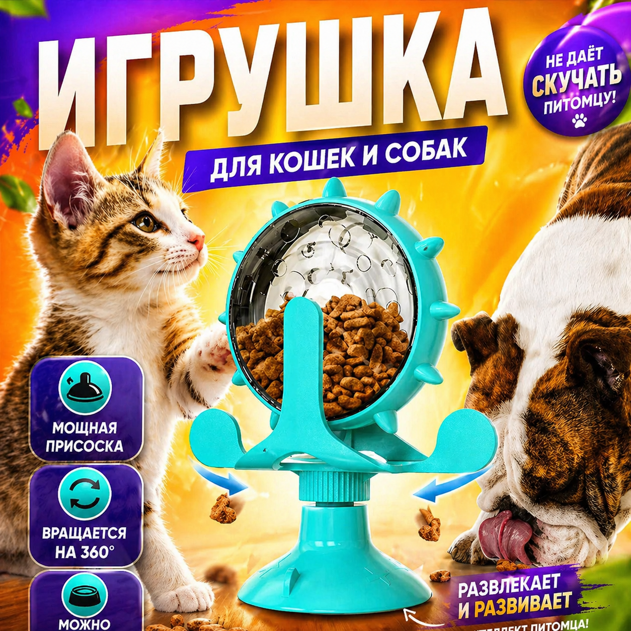 Интерактивная игрушка для кошек, вращающийся диспенсер для корма с присоской, игрушка для замедления кормления