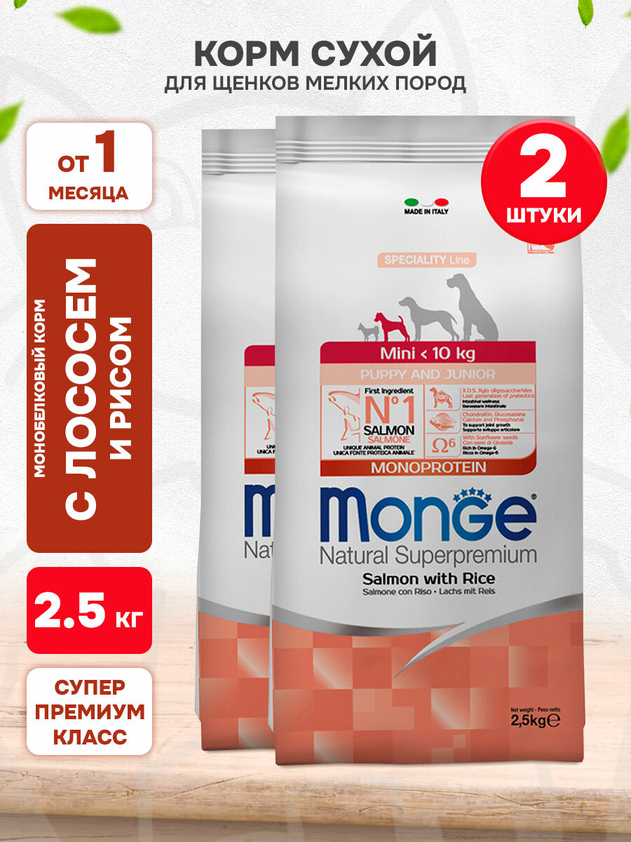 Корм сухой Monge Speciality Monoprotein Mini Puppy & Junior Salmon монобелковый для щенков маленьких пород, лосось, рис, 2,5 кг 2 шт