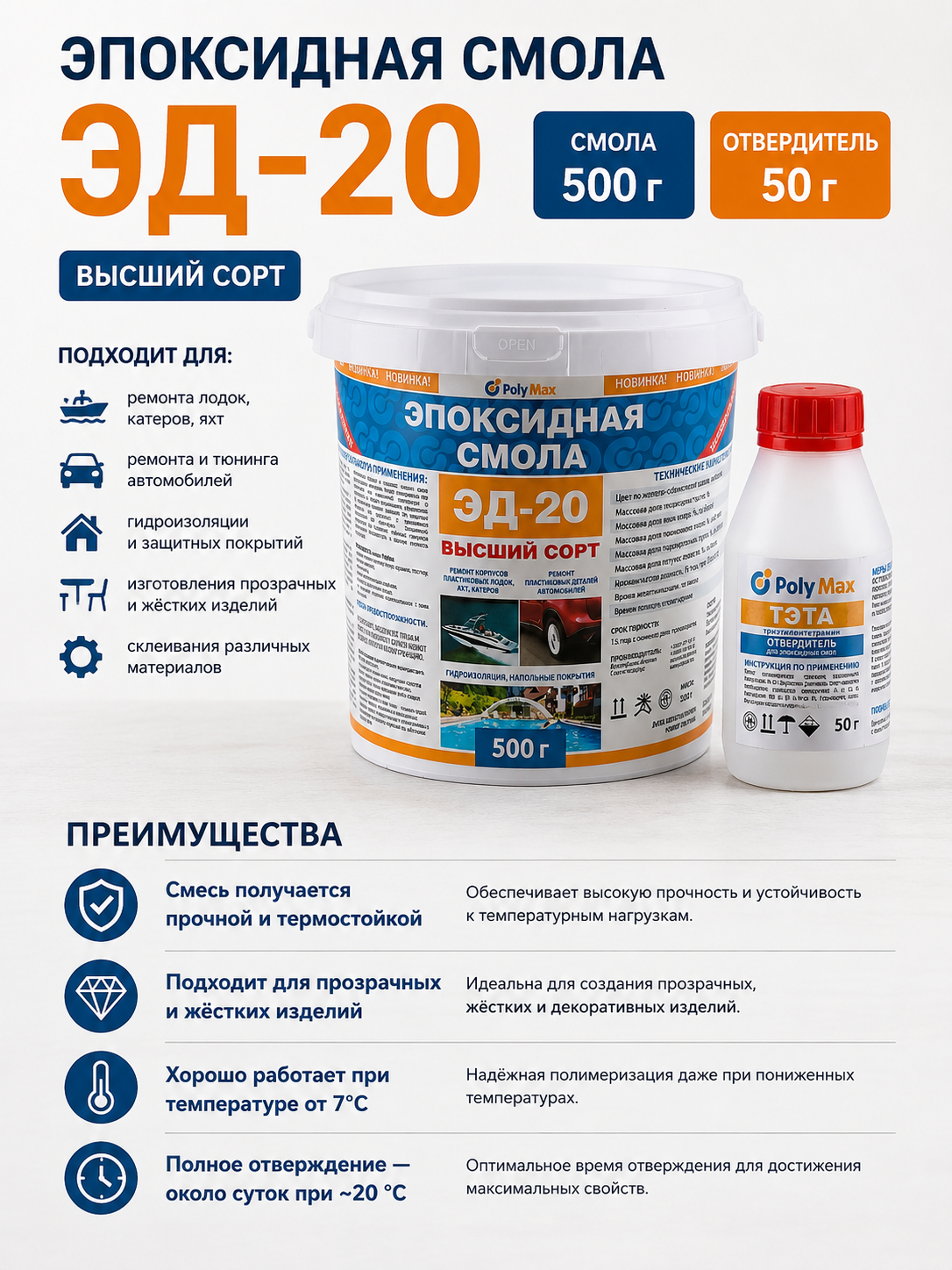 Эпоксидная смола ЭД-20(500 гр) с отвердителем тэта (50 гр)