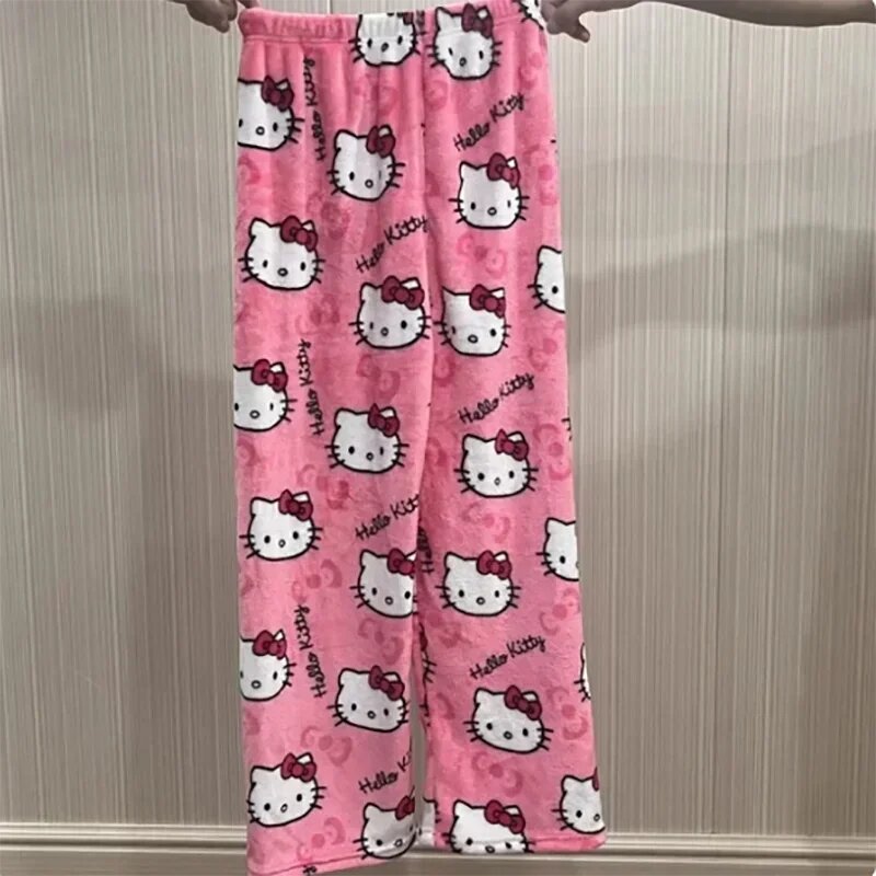 MINISO Женская фланелевая пижама с мультяшным рисунком Hello Kitty на Хэллоуин, осень-зима, на флисовой подкладке, теплая, повседневная, домашняя одежда, брюки с граффити, Размер: XXL