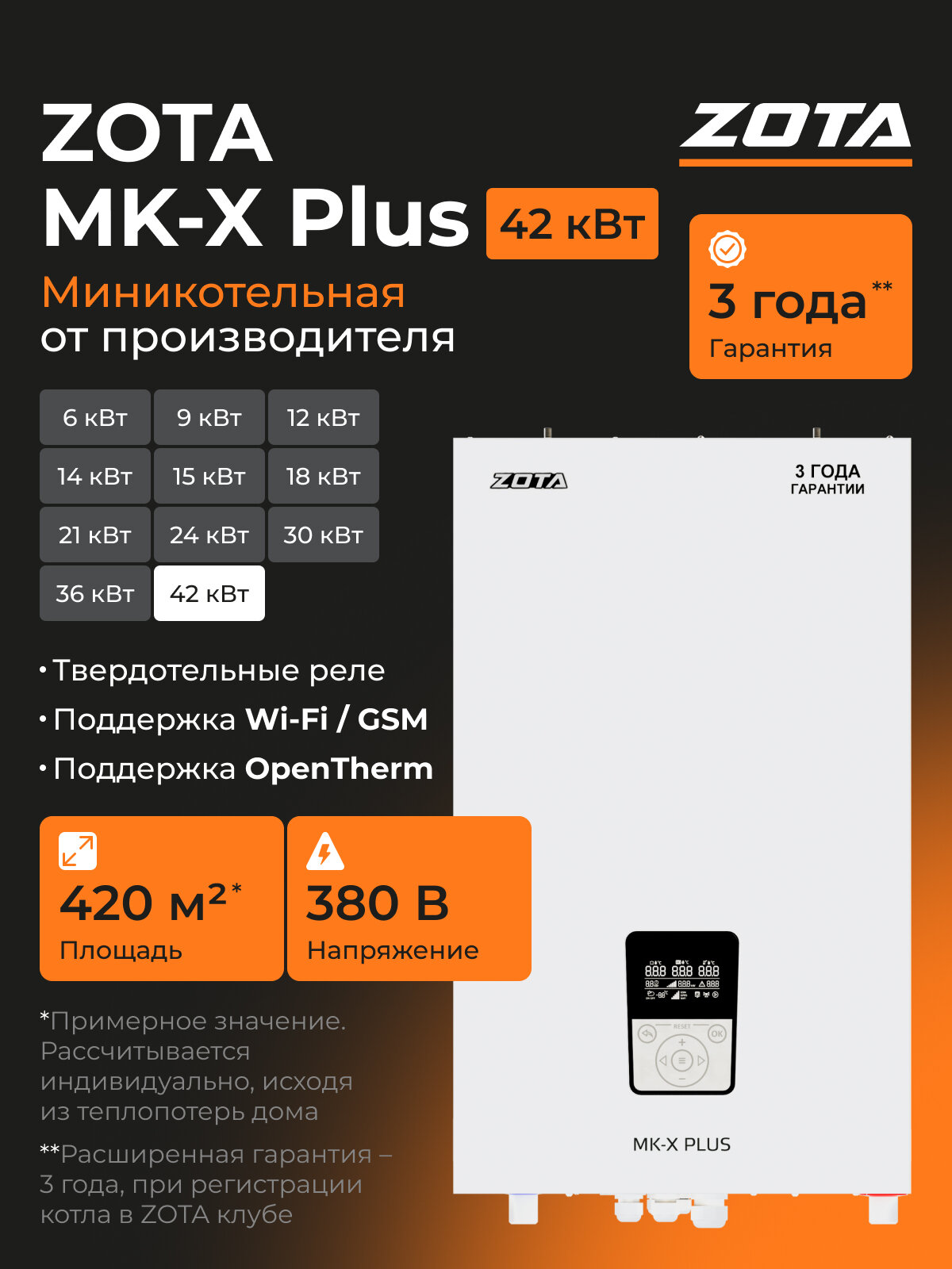 Котел электрический ZOTA MK-X Plus 42 кВт (420м2) / Одноконтурный настенный электрокотёл для отопления ZM3468429042