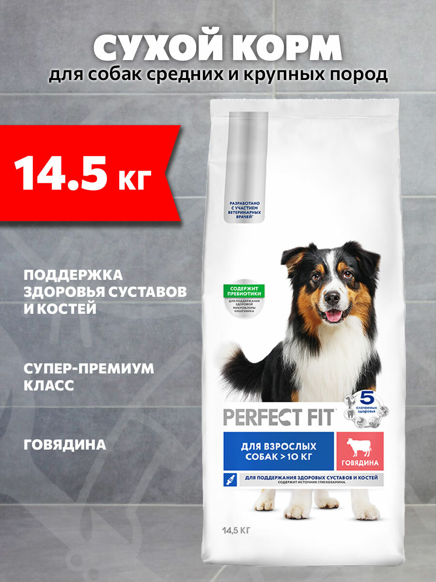 Корм сухой Perfect Fit Adult для собак средних и крупных пород для поддержания здоровья суставов, говядина, 14,5 кг