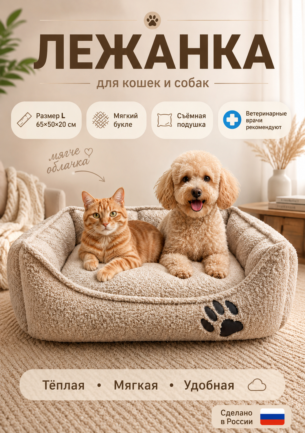 Лежанка SOLUMPETS, прямоугольная, велюровая, с бортиком, букле