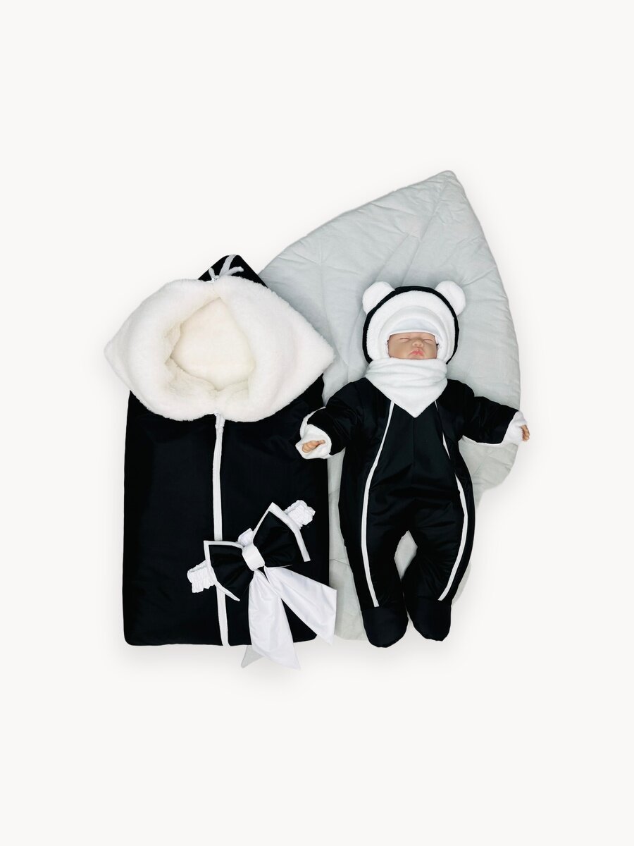 Комплект на выписку ALMeretskaya "Умка", альполюкс, овчина, 0-6мес, черный