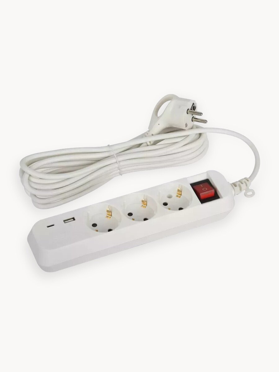 Удлинитель сетевой электрический с заземлением и выключателем ЭРА UB-3es-5m-USB 3 розетки, 1xUSBA+1xUSBC, 5м, 10А