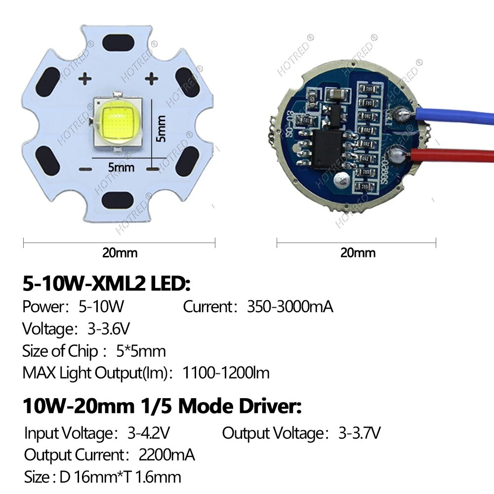 OTCRREE LED чип T6 XML2 10Вт холодный белый 20mm XML2-20mm Dr, Neutral White LED, With 1 Mode
