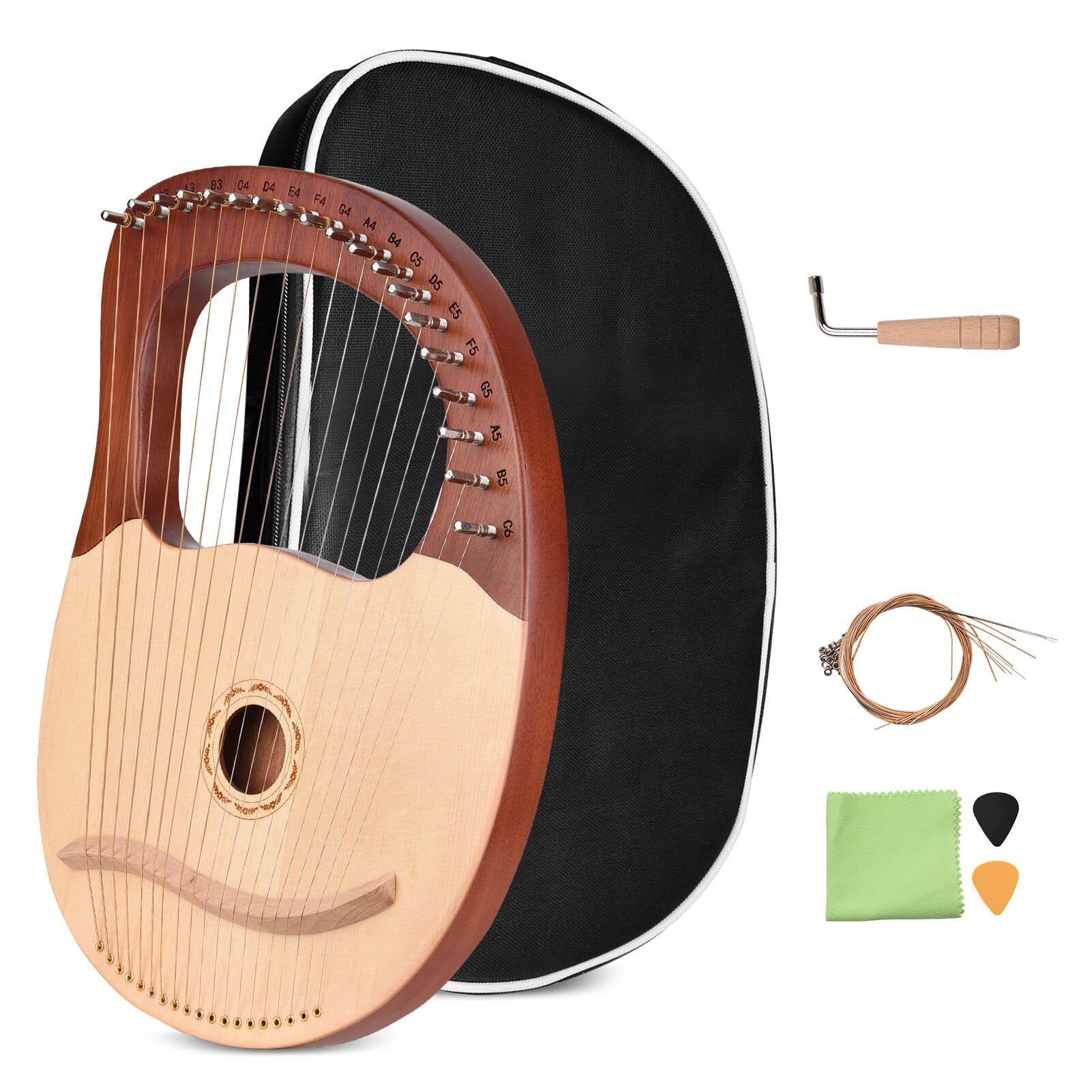 19-струнная лира из дерева с вазонным узором музыкальный инструмент бежевого цвета, включающий сумку для хранения, ключ настройки струн, салфетку очистки и медиаторы, предназначенный для новичков.