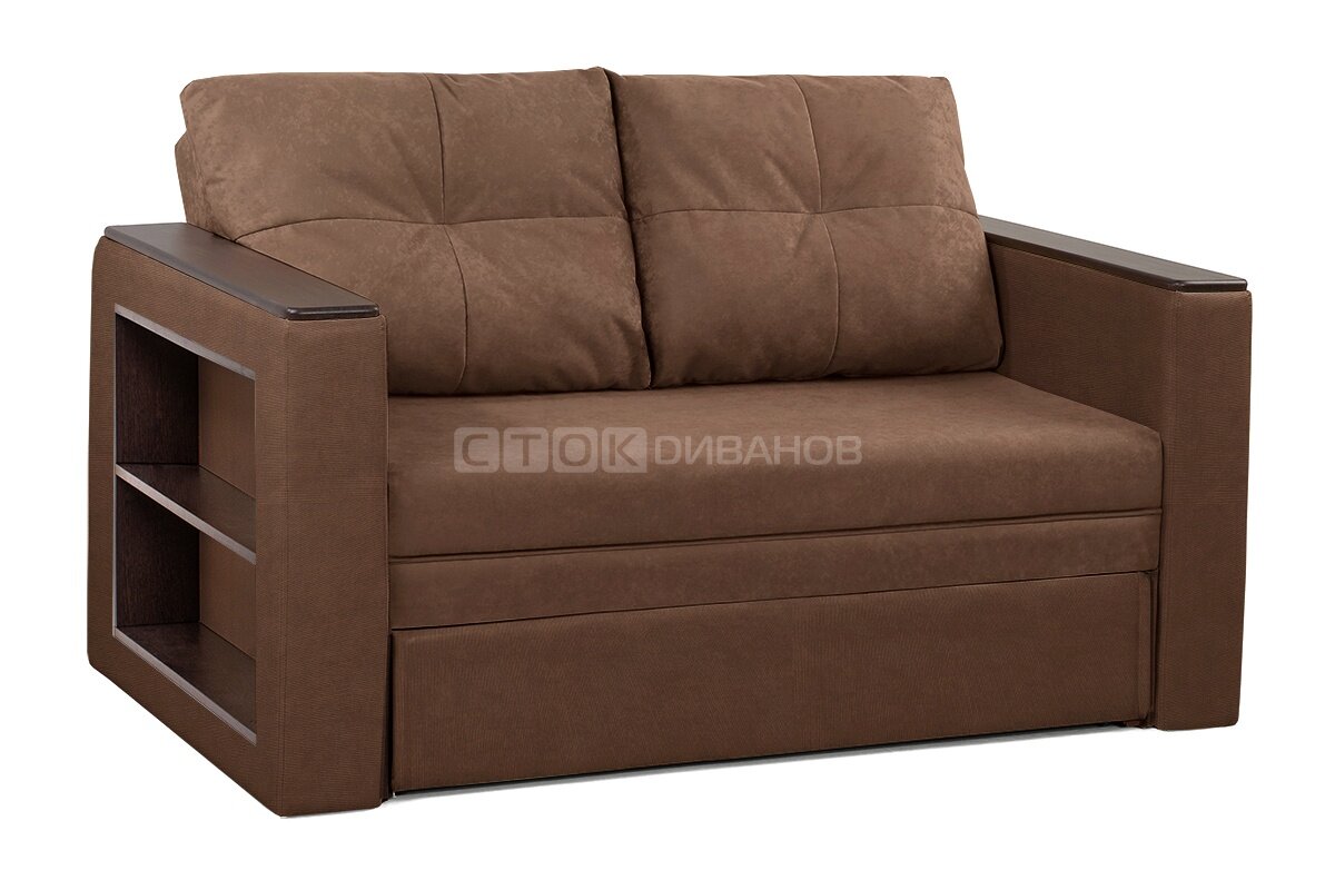 Диван Сток Диванов Поло Brown коричневый 130 см, механизм выкатной, с полочками в подлокотнике