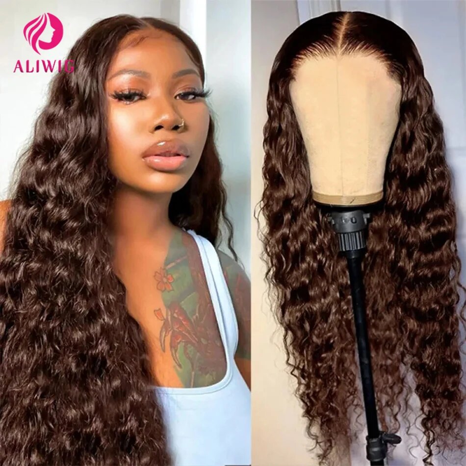 Шоколадно-коричневый парик из натуральных волос Deep Wave 18" 150% 4x4 Closure Wig