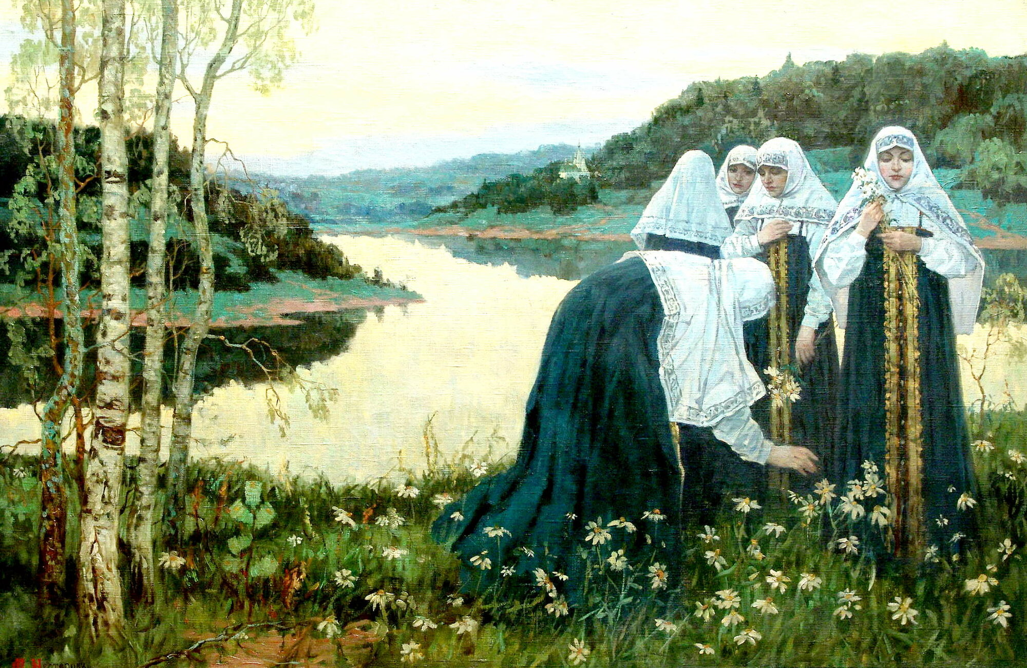 Картина Нестерова Михаила Девушки на берегу реки 80х52 см