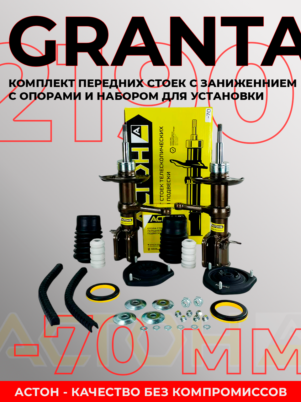 Комплект передних стоек астон с занижением -70мм для Лада Гранта, Калина 2, Датсун, 2 шт, масляные с опорами и набором для установки