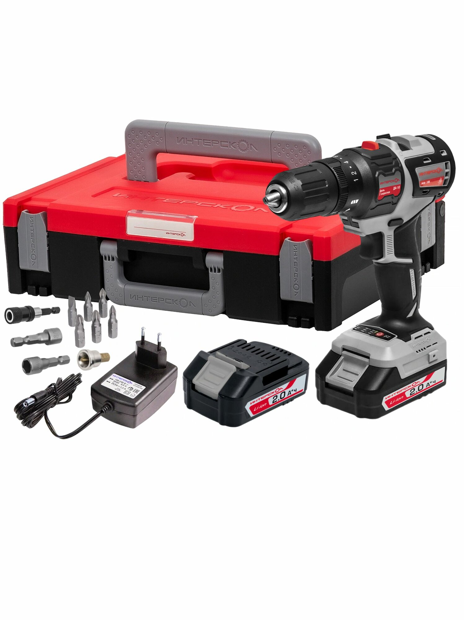 Аккумуляторная дрель-шуруповерт ИНТЕРСКОЛ да-10/18В 44 Мультимакс18, 18 В, 1450 об/мин, c 2 АКБ 2 Ач и ЗУ, в систейнере мультибокс + Набор бит в подарок (755.2.1.47)