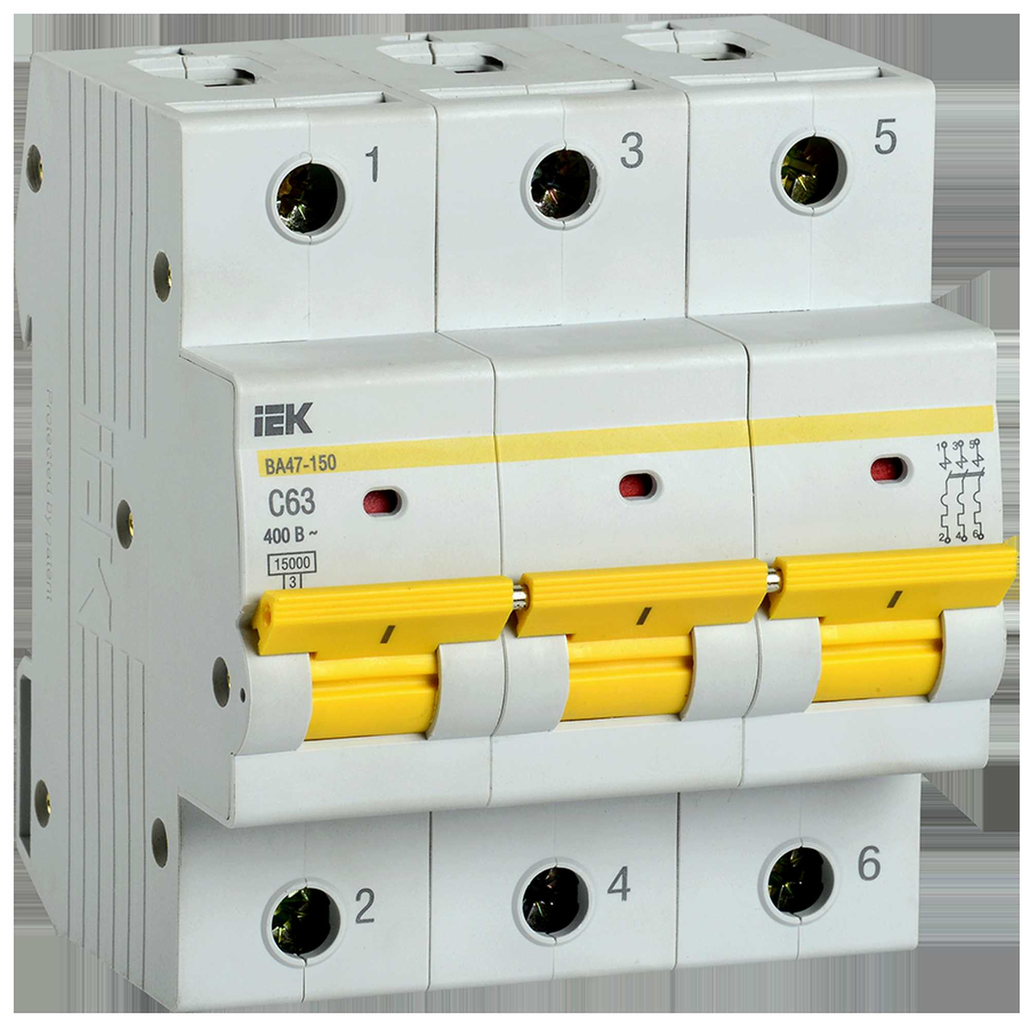 Автоматический выключатель IEK ВА47-150 3Р 63А C, 15кА, 400В, термомагнитный, AC, IP40, DIN-рейка