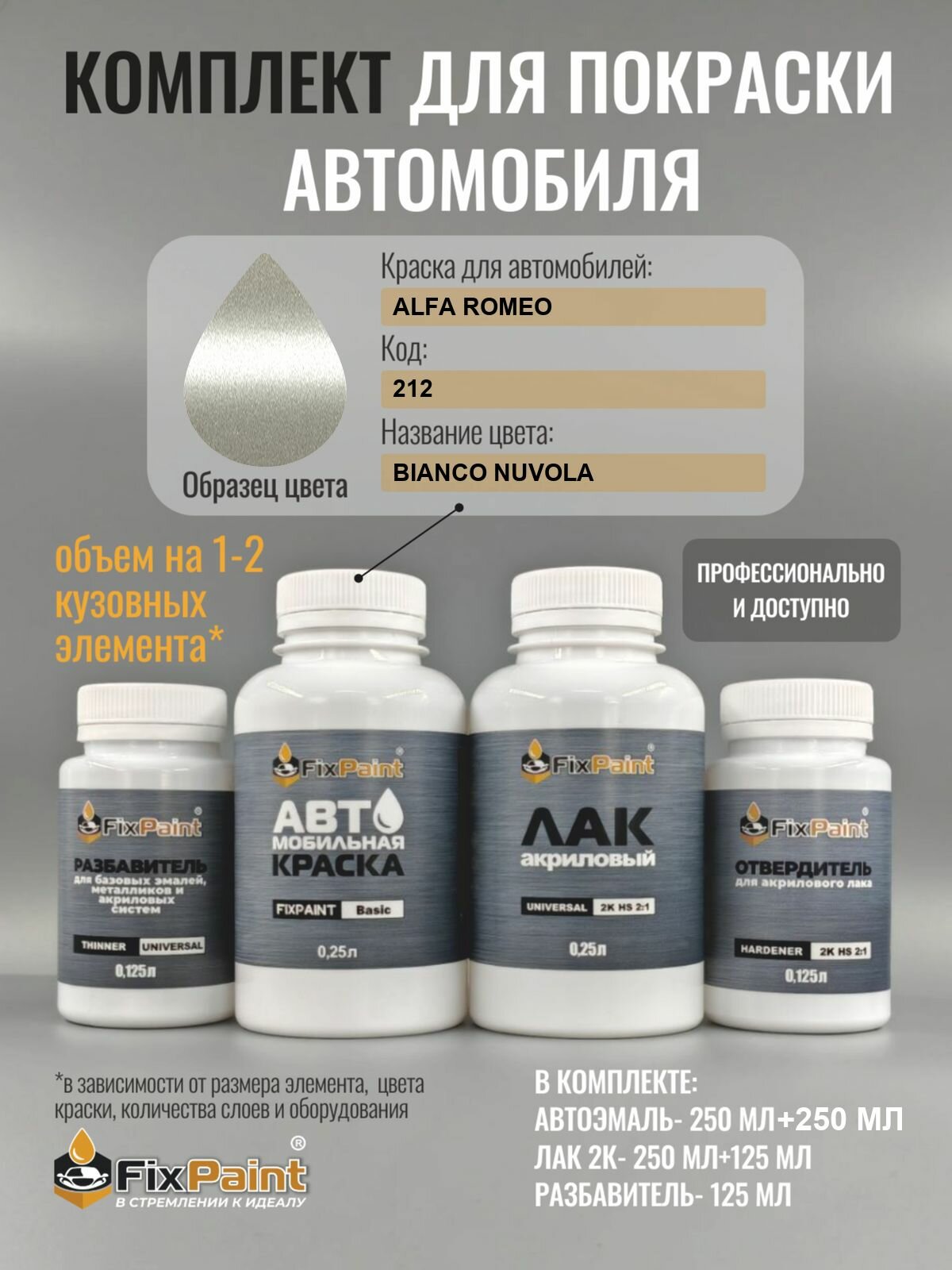 Комплект для покраски ALFA ROMEO, код 212, Трехслойная BIANCO NUVOLA, базовая автомобильная краска 500 мл, лак 2K 250 мл с отвердителем, разбавитель 125 мл, FixPaint Pro