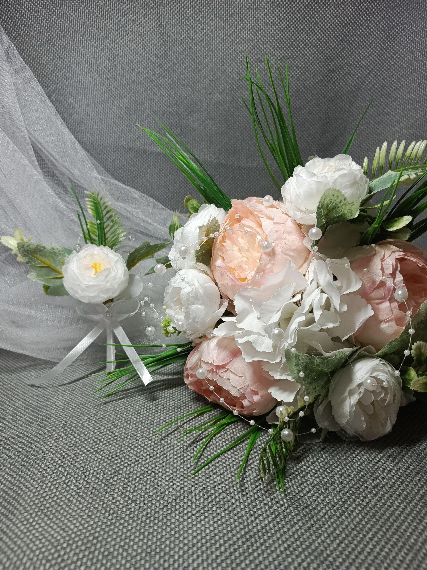 Свадебный букет-дублёр и бутоньерка для жениха, текстиль, оранжевый,